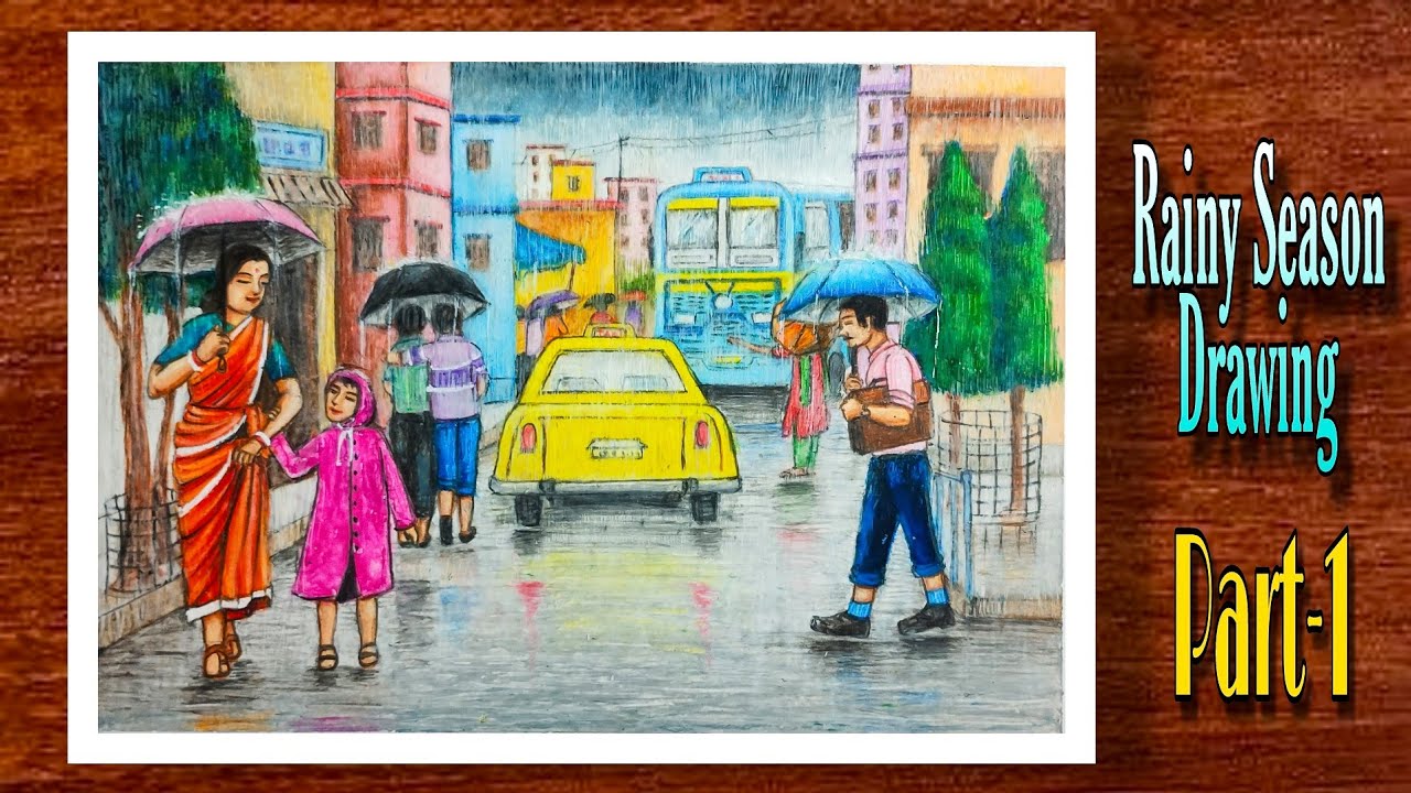 Rainy Season Drawing | Rainy Day Drawing | Monsoon Scenery Drawing with ...