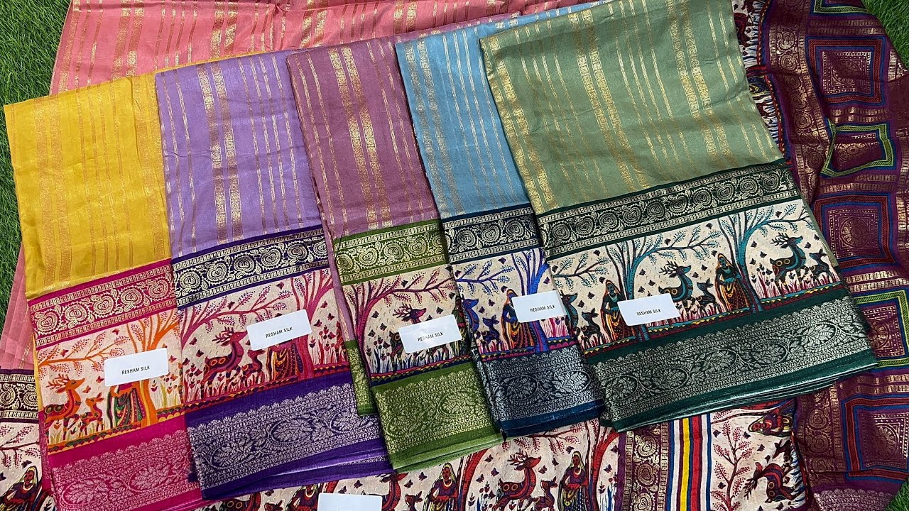 Resham silk Jakard Border Zari foil meera bai kalamkari sarees - YouTube