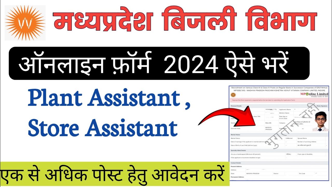 MP Bijali Vibhag Plant Assistant Online Form 2024|Mp Vidyut Vibhag Store Assistant Form Fill ...