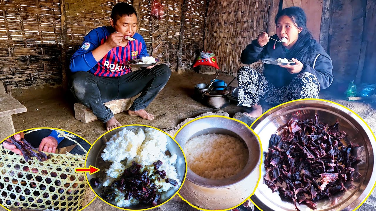 Manjita cooking buff dry meat & rice || Enjoying buff meal in goat hut ...