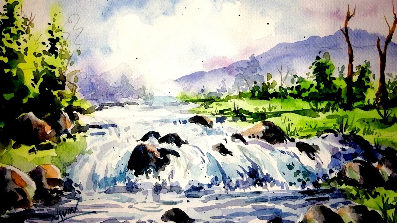 Watercolour painting of Waterfall landscape easy step by step - YouTube