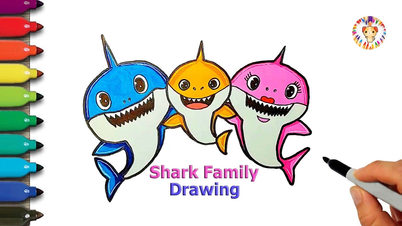 How to draw Baby Shark and Mom Shark and Dad Shark 💙 Shark Family ...