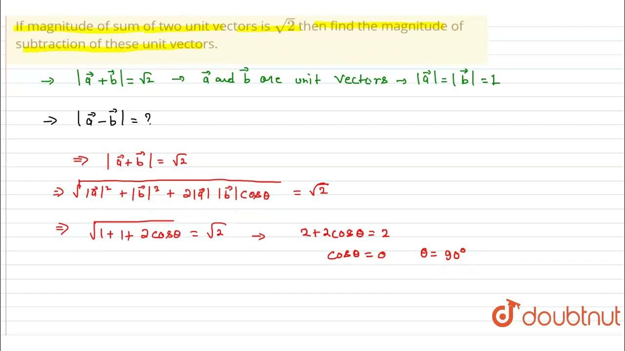 If magnitude of sum of two unit vectors is sqrt2 then find the ...