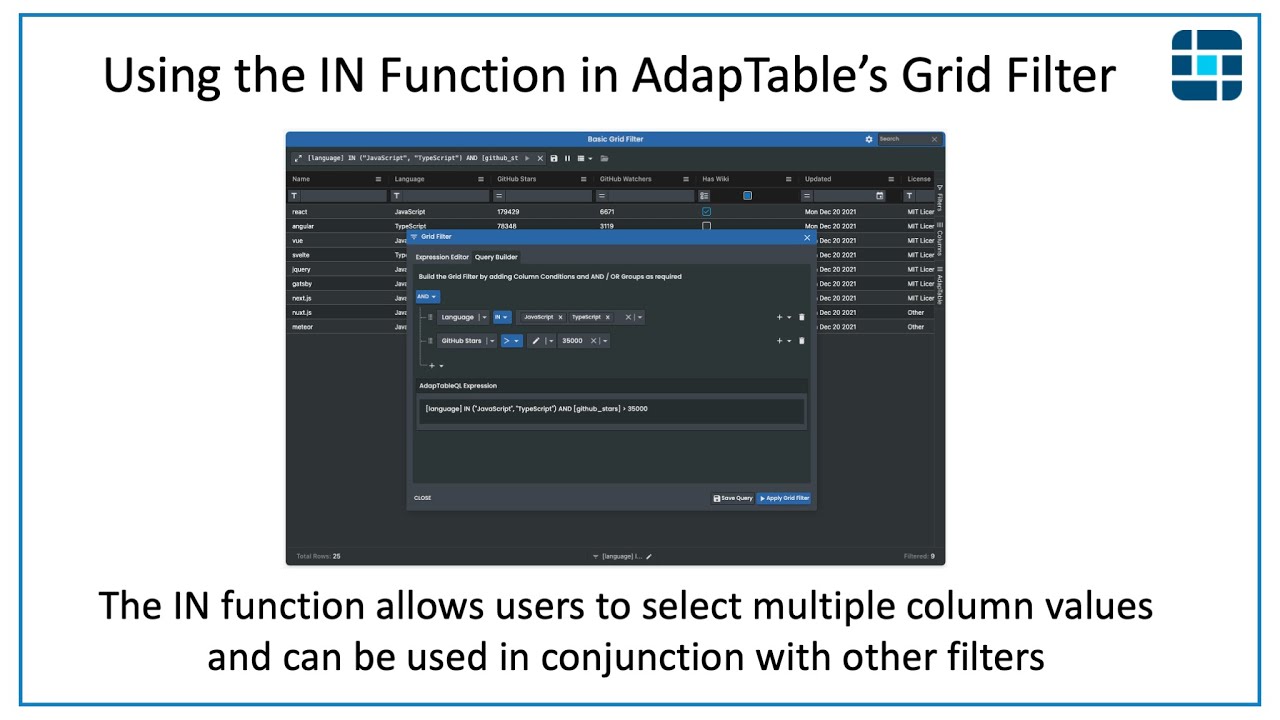 Using the 'IN' function in the AdapTable Grid Filter - YouTube