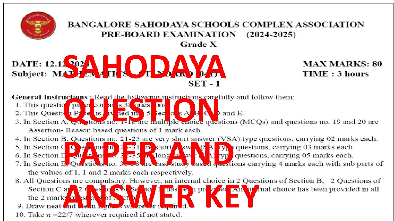 CLASS 10 SAHODAYA MATHS PRE BOARD QUESTION PAPER AND ANSWER KEY 2025-26 ...