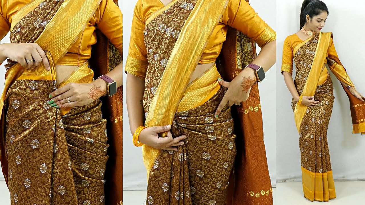 Cotton silk saree draping with perfect plates | perfect saree draping ...