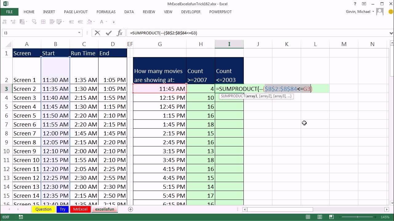 Mr Excel & excelisfun Trick 162 Count Between Upper Lower Time: Data Table COUNTIFS SUMPRODUCT ...