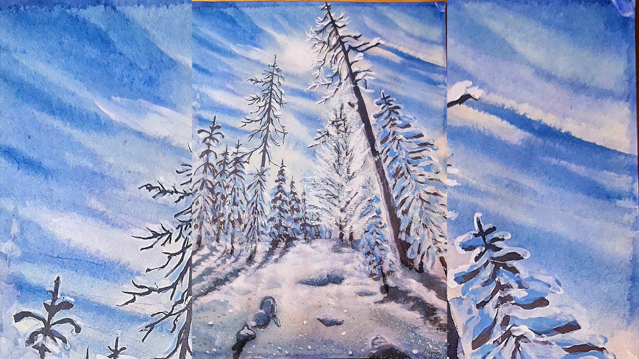 #Watercolor winter landscape step by step tutorial for beginner # darw ...