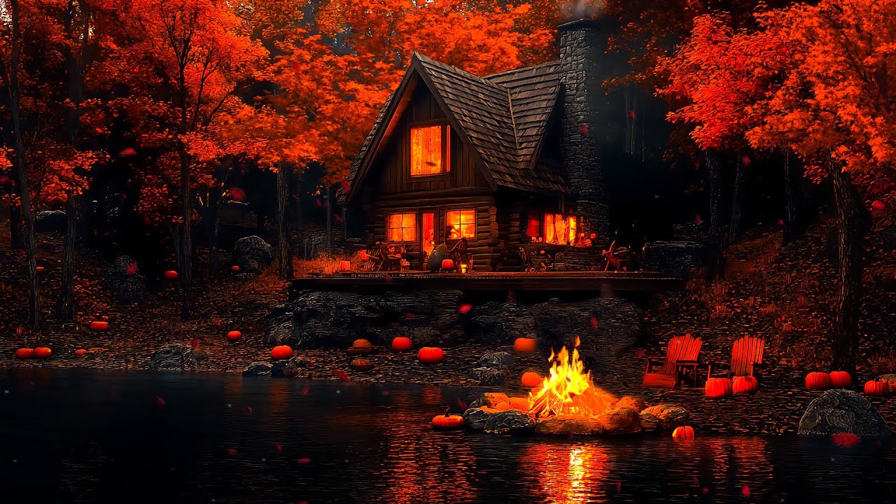 Crackling Fireplace Ambience 🍁 Cozy Autumn Cabin with Gentle Fall ...