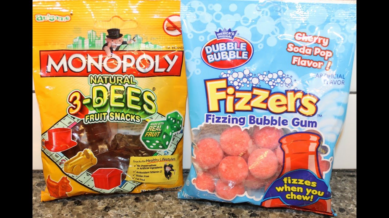 Monopoly 3-Dees Fruit Snacks & Double Bubble Fizzers Bubble Gum Review ...