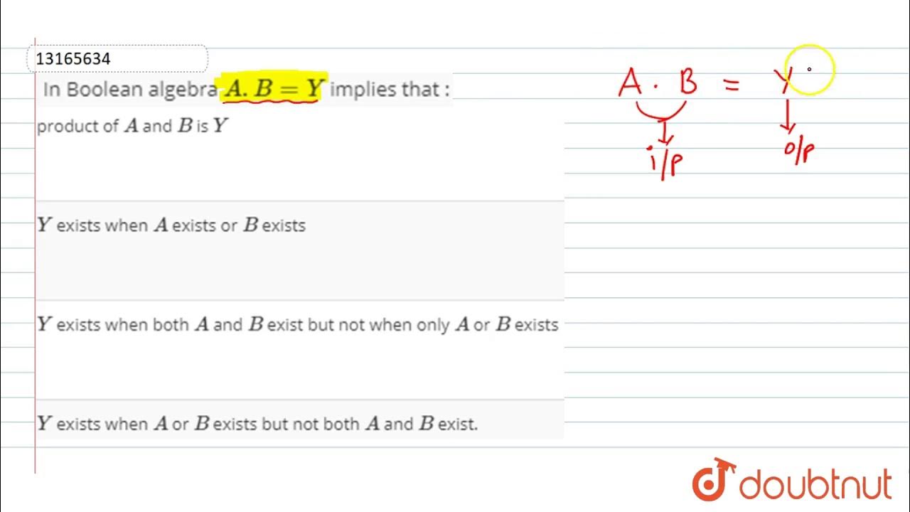 In Boolean algebra `A.B = Y` implies that : - YouTube