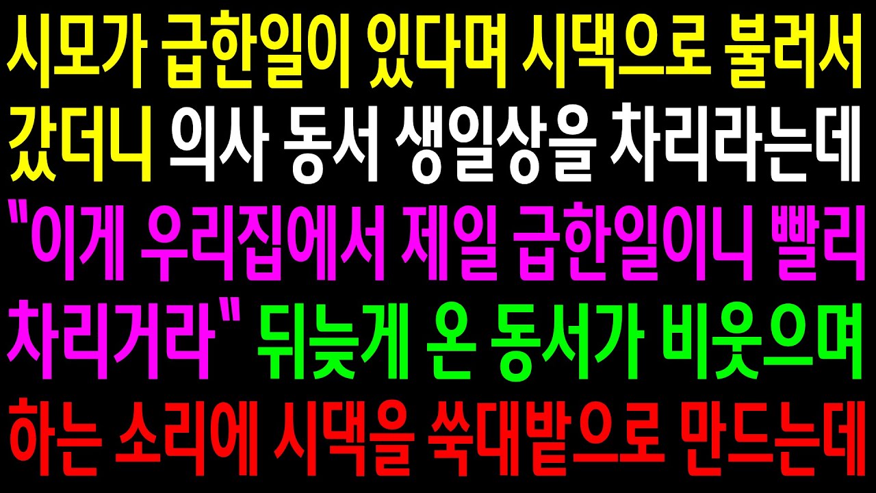 반전사연시모가 급한일이 있다며 시댁으로 불러서 갔더니 의사 동서 생일상을 차리라는데동서가 비웃으며 하는 소리에 시댁을 쑥대밭으로 만드는데 신청사연 사이다썰 사연