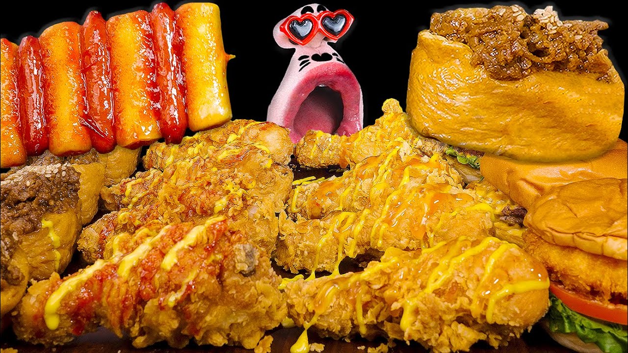 Burger Trio & Giant Beef Inari Sushi & Fried Chicken! 🍗🦐🍜 ASMR Mukbang ...