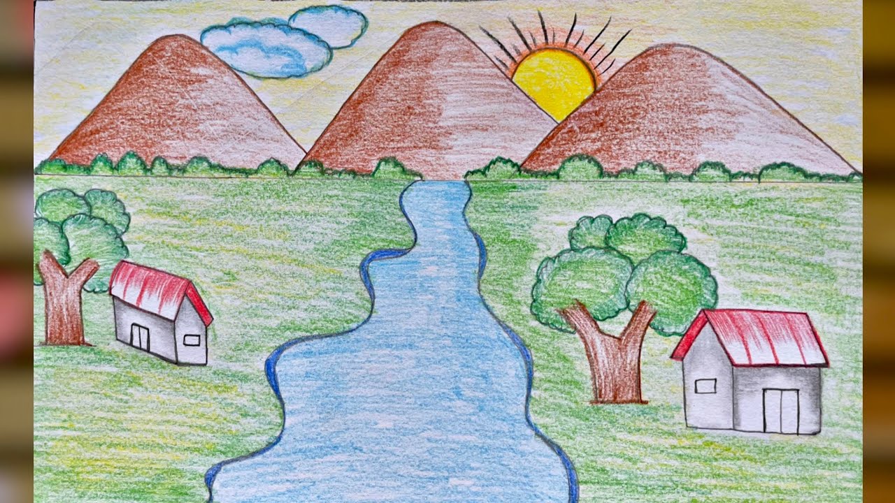 How to draw landscape scenery || easy scenery drawing step by step ...