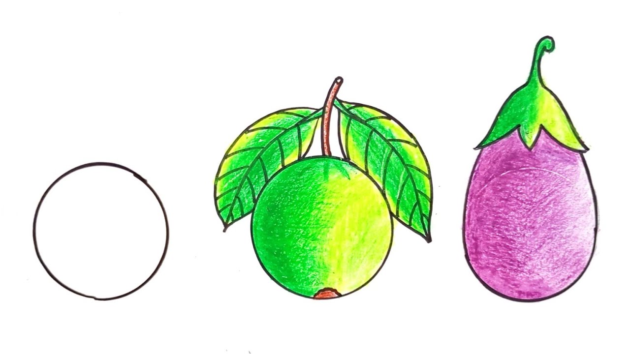 পেয়ারা আঁকা l বেগুন আঁকা l guava drawing l brinjal drawing l begun ...