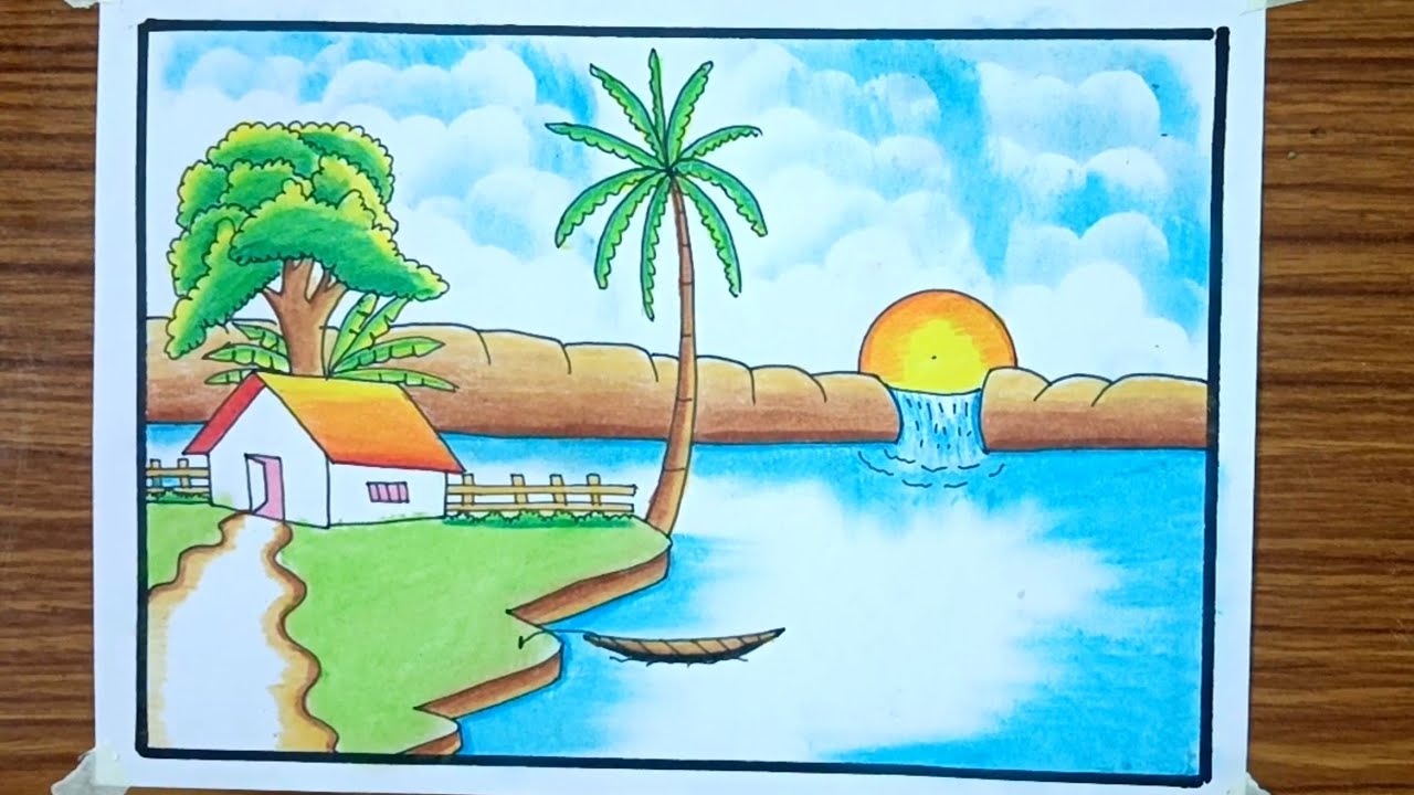 prakritik drisya ka chitra | nature scenery | pencil colour village ...