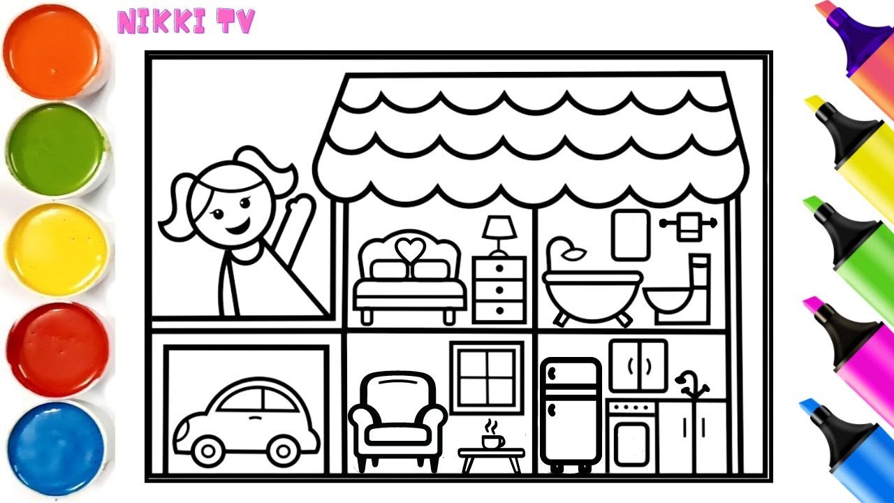 Doll House Easy and Colourful drawing easy with colours - YouTube