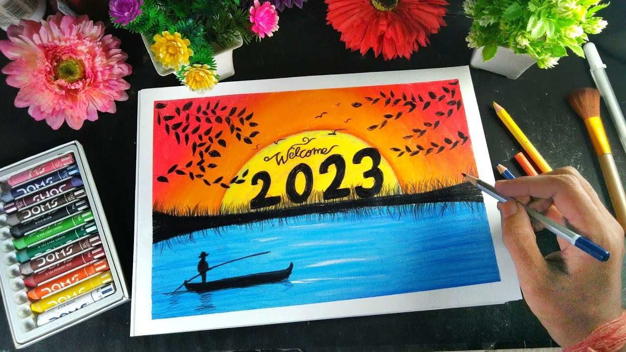 Welcome new year 2023 drawing // easy new year drawing // oil pastel ...
