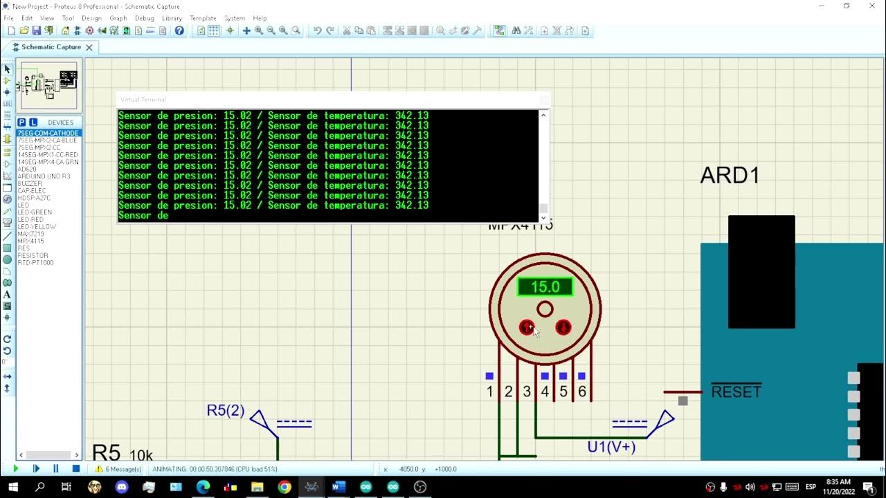 montaje en Proteus usando Arduino Uno, sensor de presión MPX4115 y ...