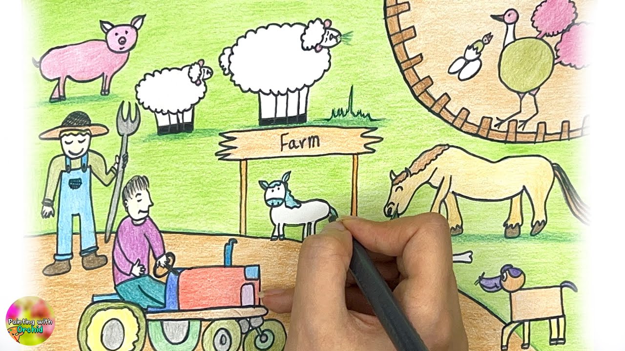 How to draw a Farm ? फार्म कैसे बनाएं? ¿Cómo dibujar una Granja ...