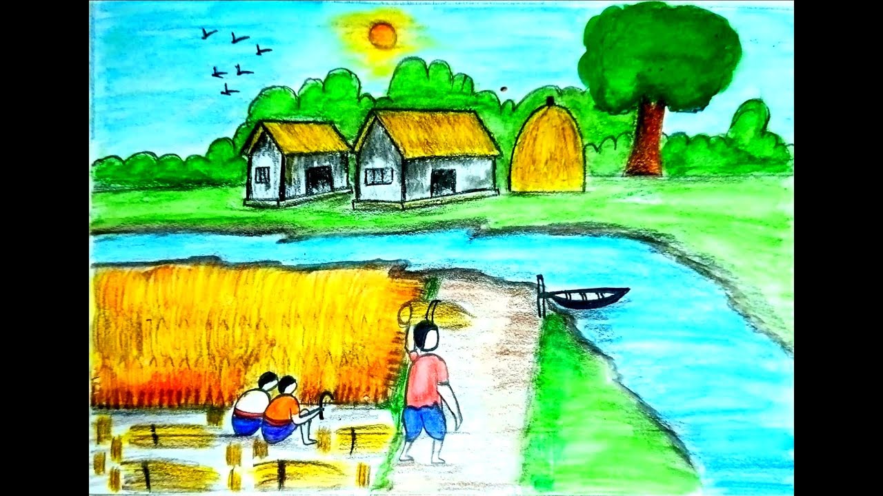 How to draw easy village scenery drawing ||landscape drawing step by ...