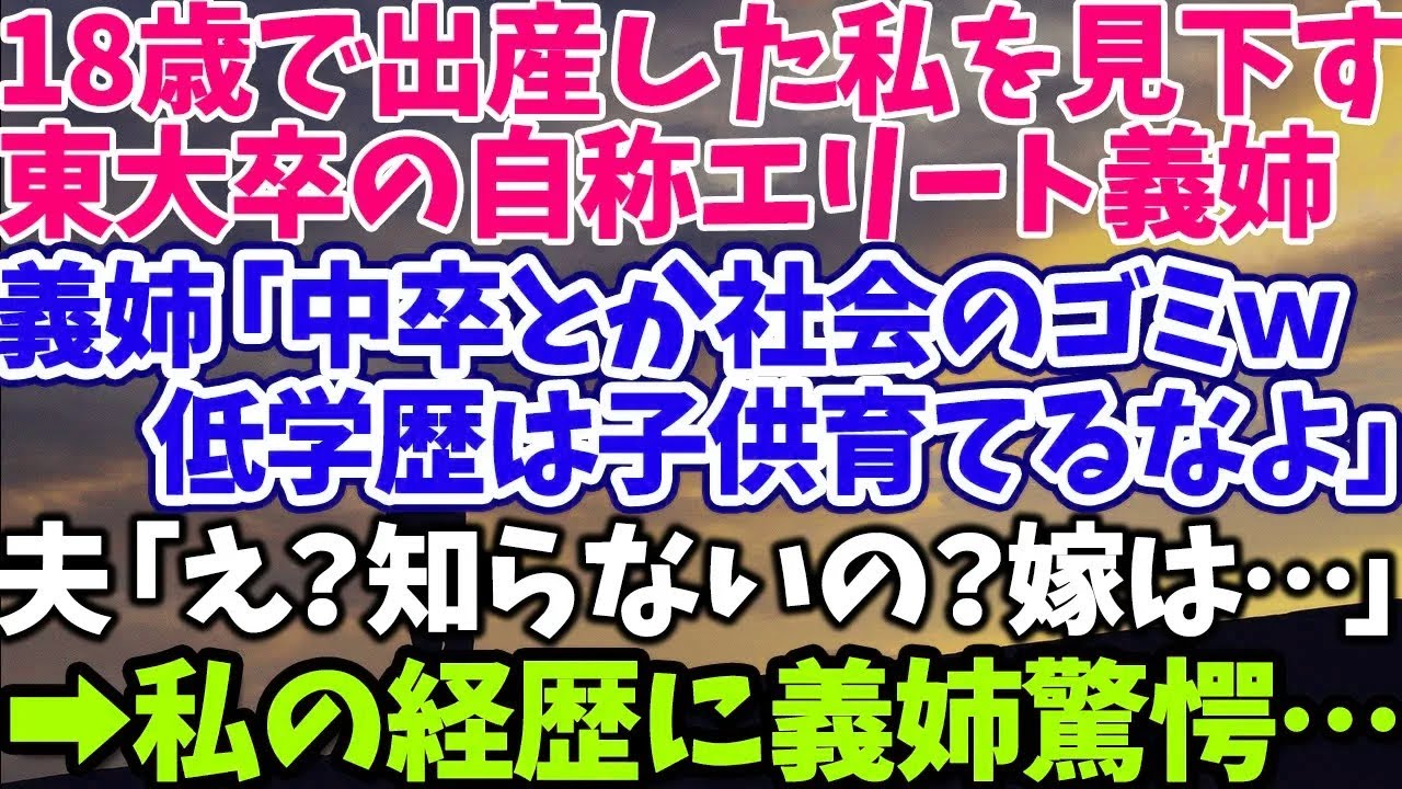 【スカッとする話】18歳で出産した私を見下す 東大卒の自称エリート義姉 義姉「中卒とか社会のゴミw 低学歴は子供育てるなよ」 夫「え?知らない