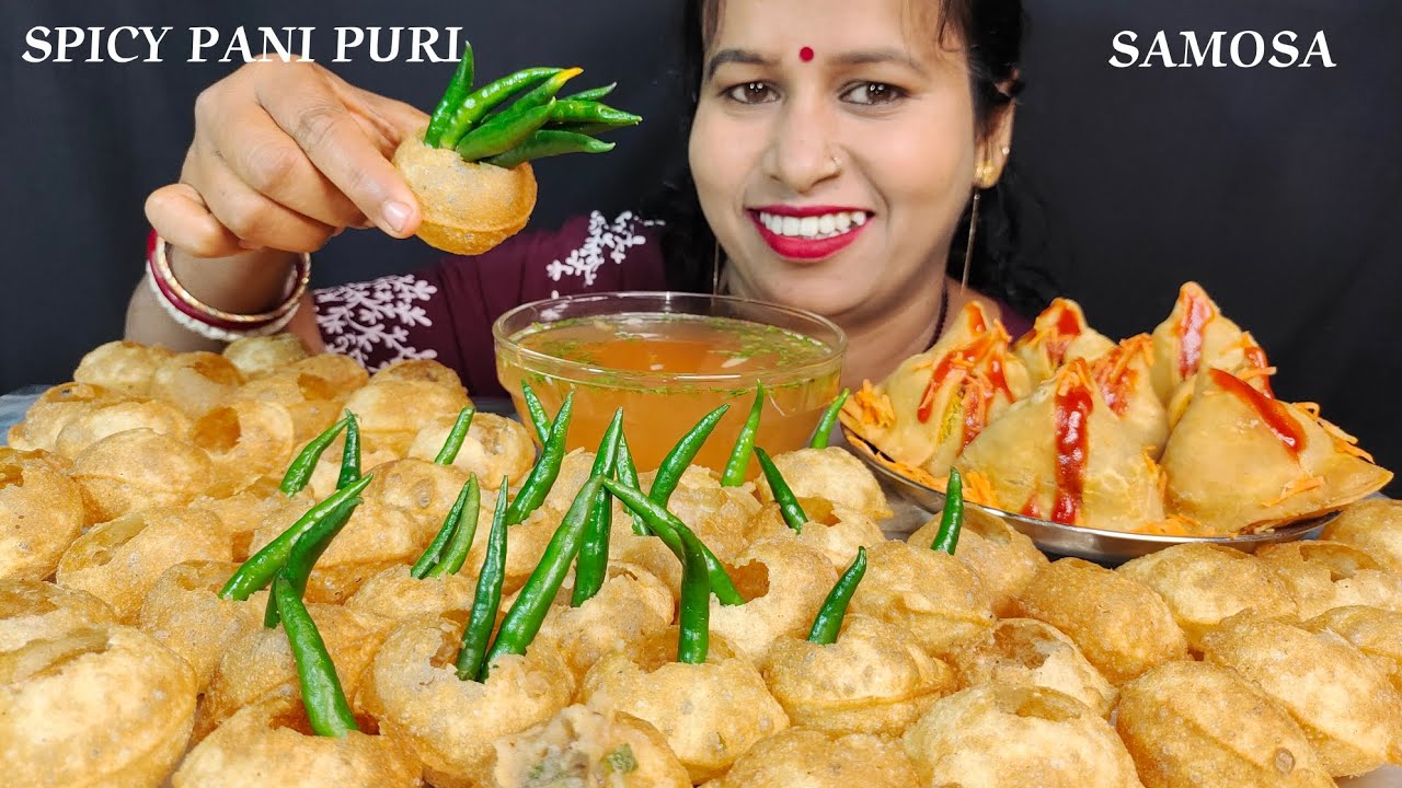 ASMR- EATING * SPICY CHILI🌶️PANI PURI 🥵 , [ GOL GAPPE ] , SAMOSA ...