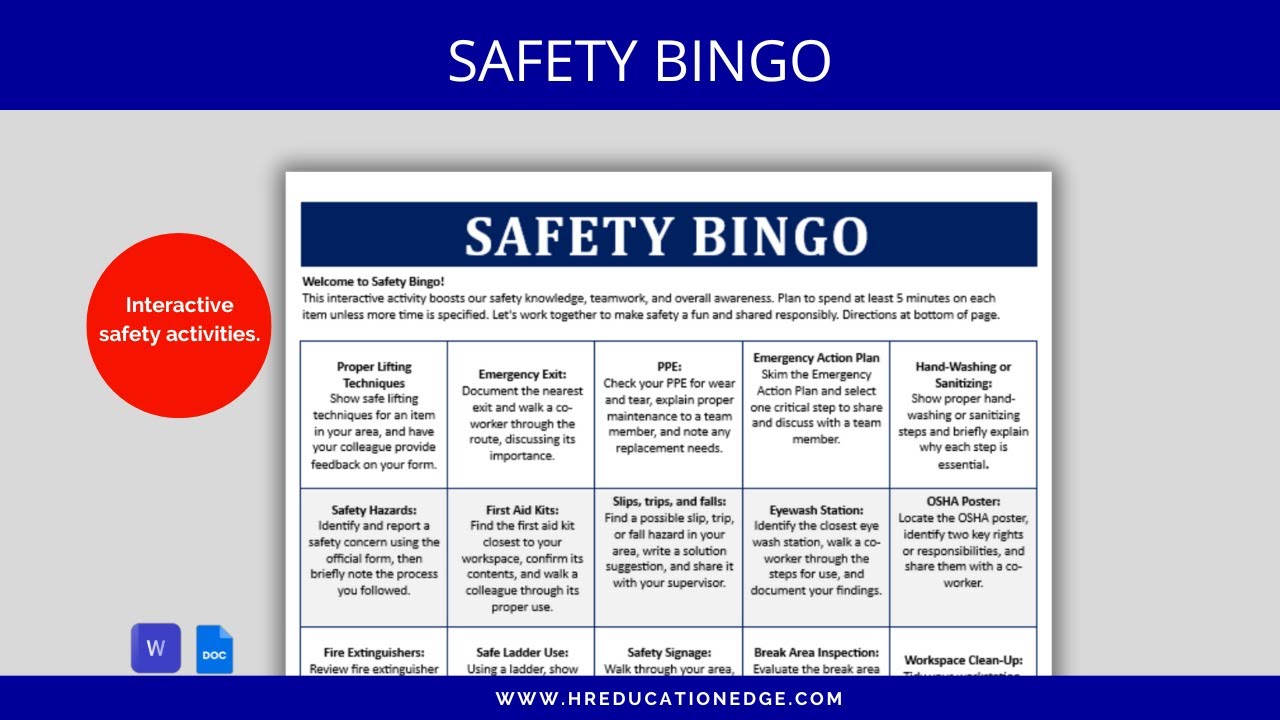 Employee Safety Bingo Template for Workplace: Fire Safety First Aid ...