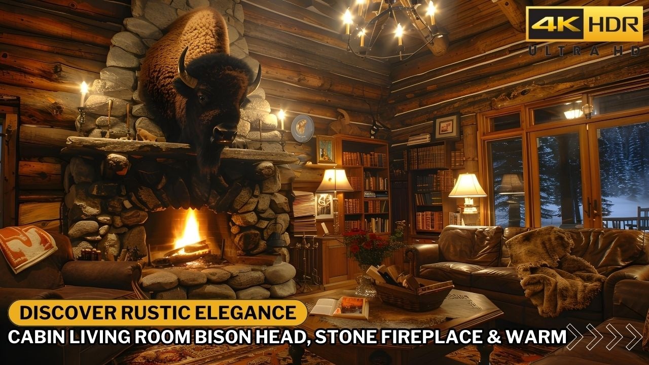 Discover Rustic Elegance: Log Cabin Living Room with Bison Head, Stone ...