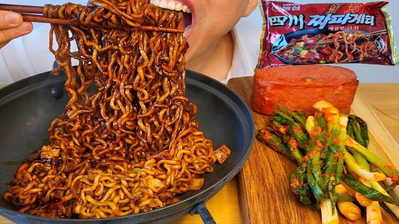 우울증 치료제 사천짜파게티, 파김치, 스팸같은리챔 먹방 / spicy chapagetti, green onion kimchi ...