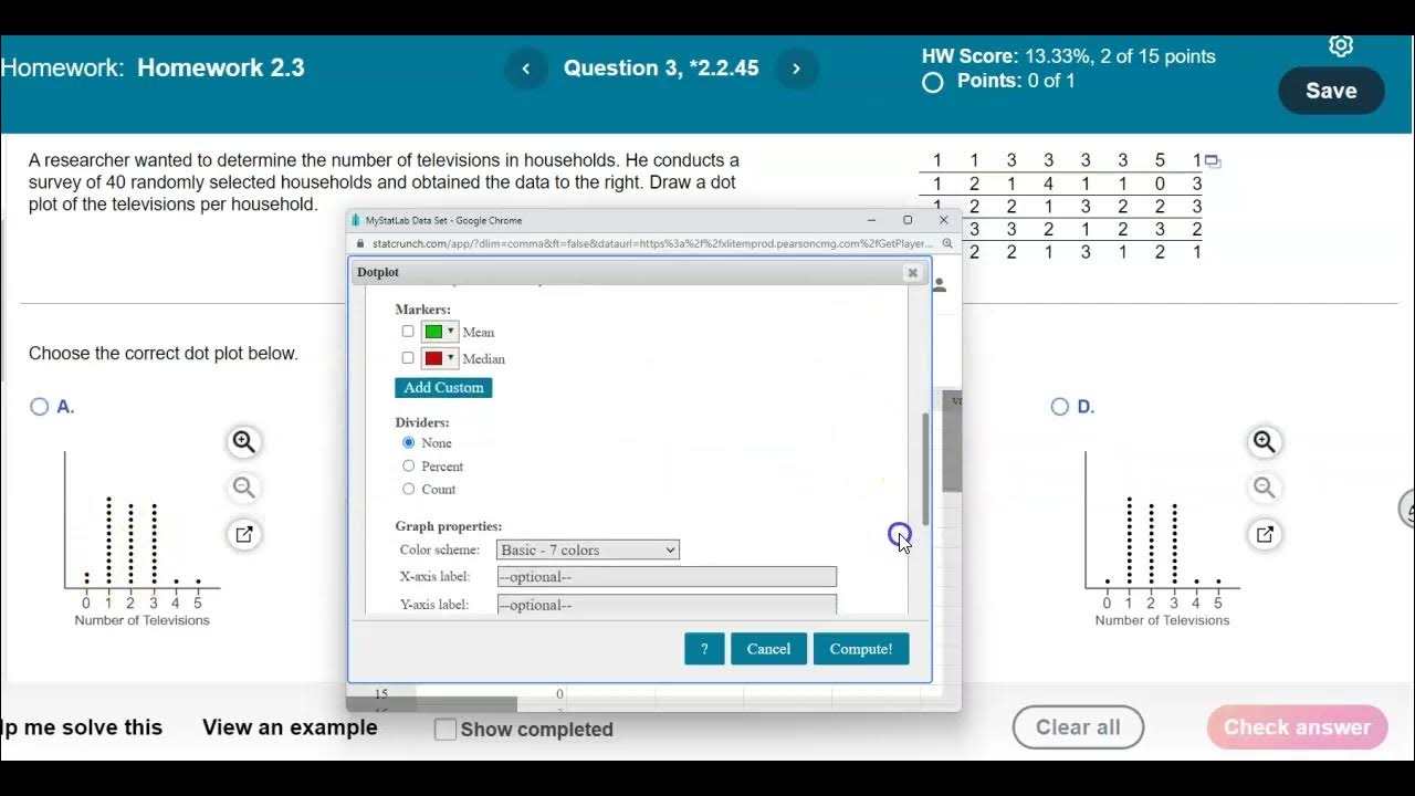 Math 14 HW 2.2.45 Draw a dot plot of the televisions per household using StatCrunch - YouTube