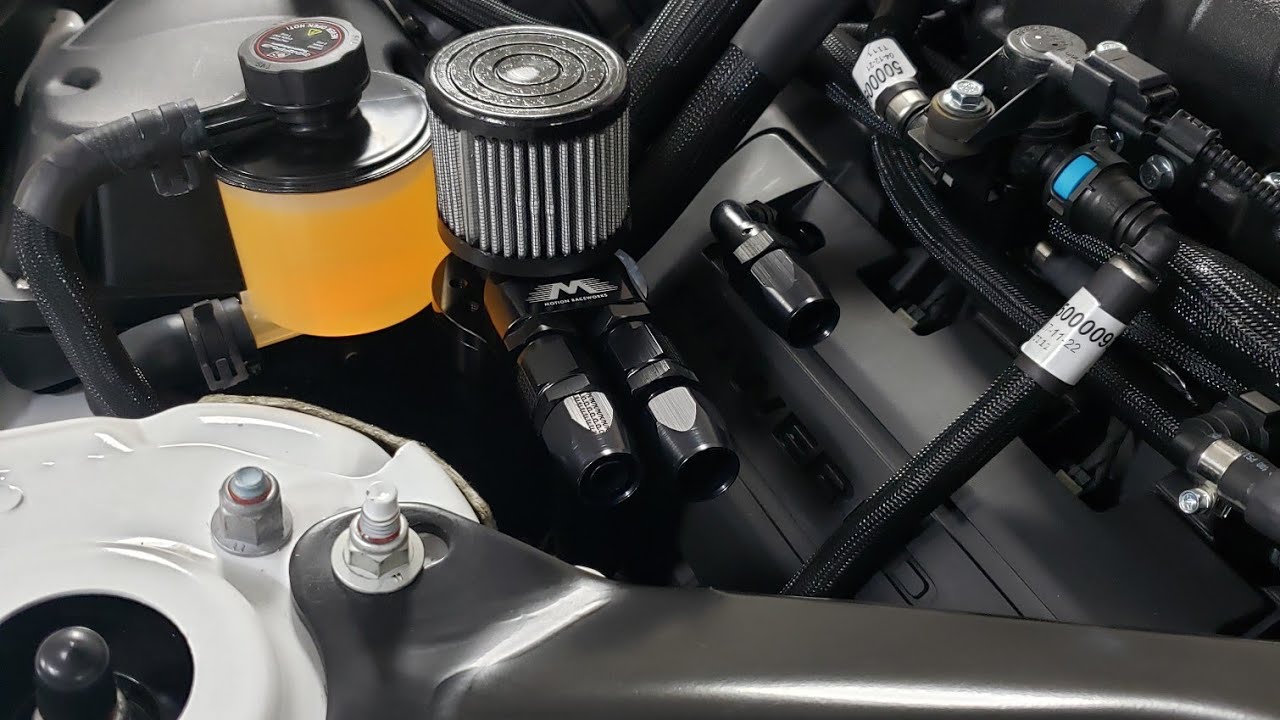 Installing a Motion Raceworks Billet Catch can on a whipple gt350 - YouTube