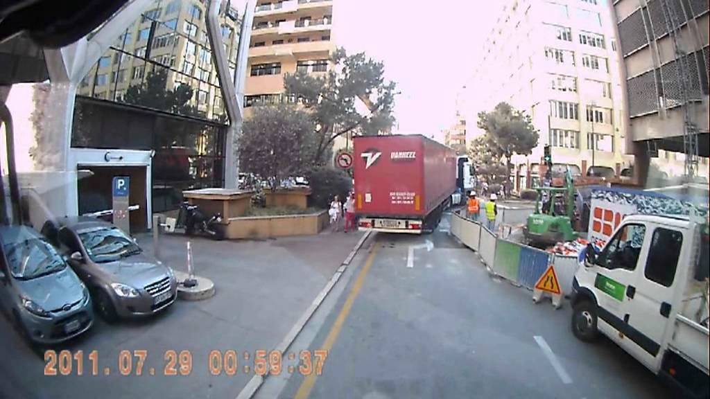 Trucking through the narrow streets and tunnels of Monaco. Dash-cam ...