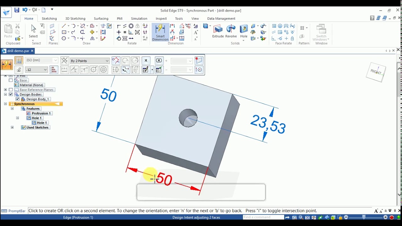 Solid Edge Tutorial for Beginners - Create a simple hole with finite extent with V bottom - YouTube