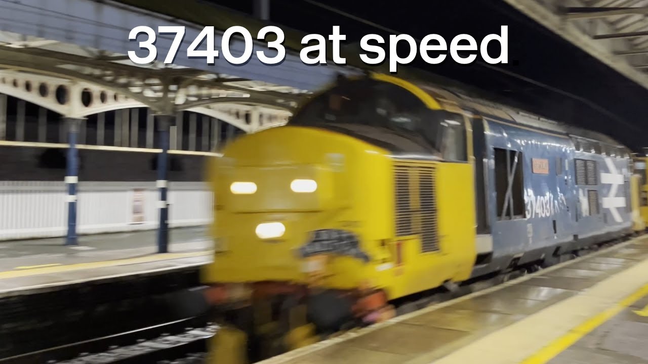 Class 37403 'Isle of Mull' at speed through Penrith - YouTube