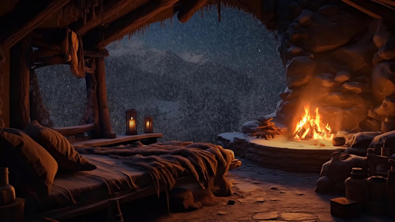 Enjoy the blizzard atmosphere outside the cave | Camping alone in a ...
