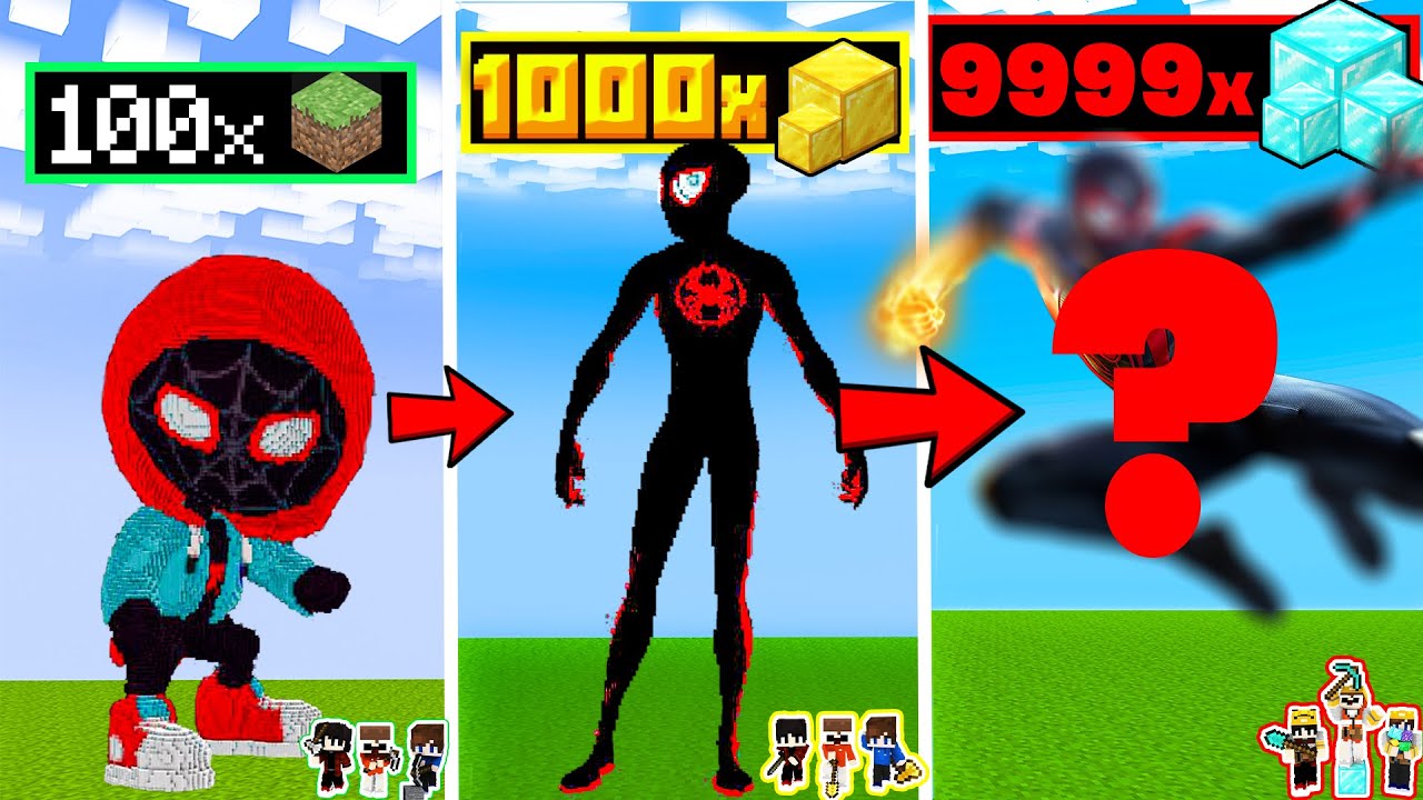 Minecraft BUILD Spider Man: Miles Morales STATUE - 100 blocks vs 1000 ...