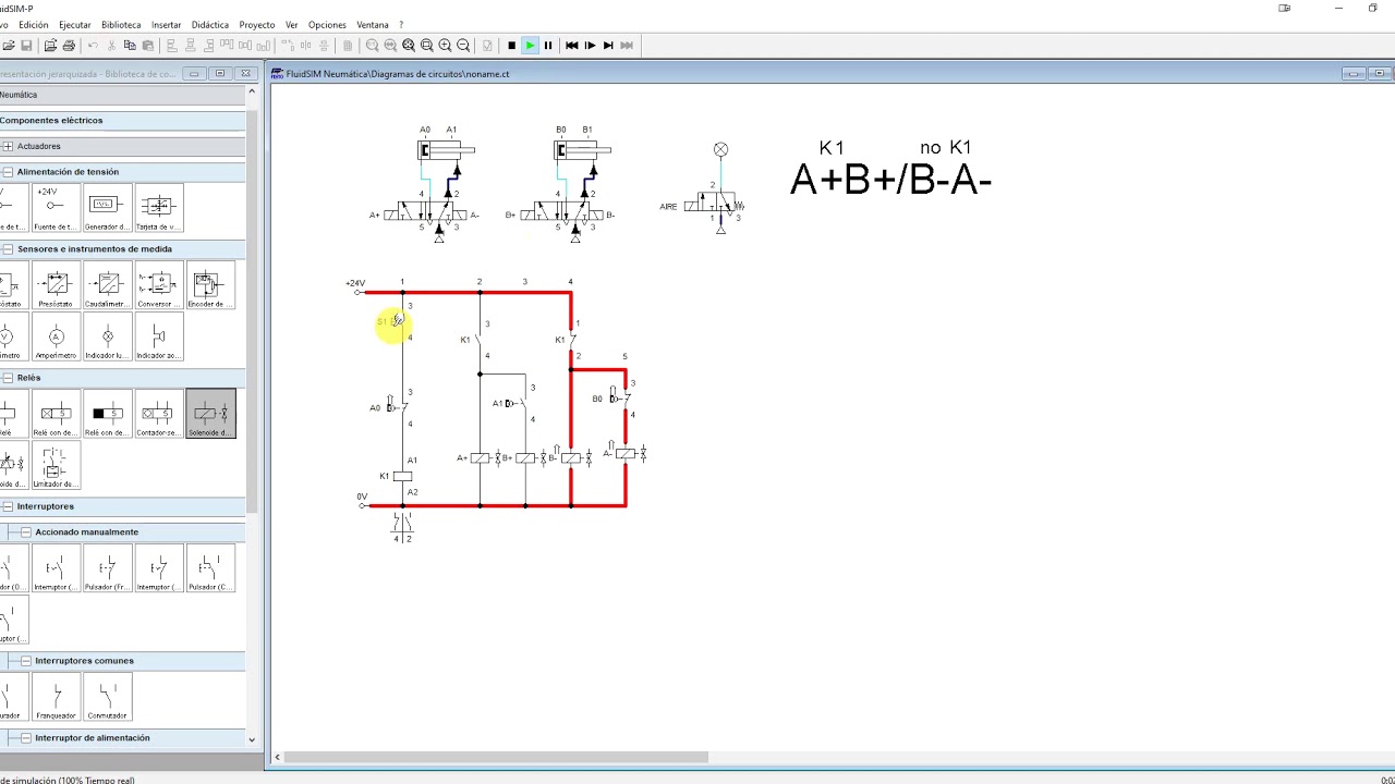 FluidSIM. Secuencia A+B+B-A-, solución con relé único. Práctica 1 ...