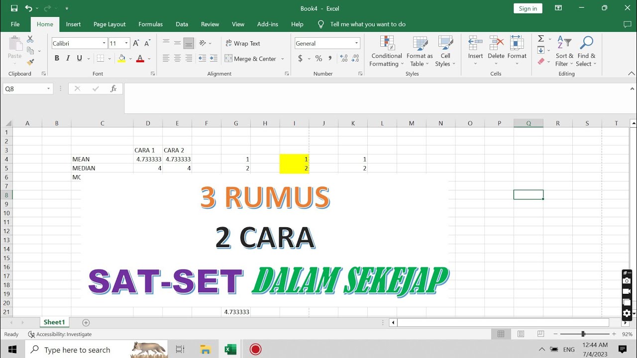 3 RUMUS excel, 2 CARA. Langsung SAT- SET dalam Sekejap - MEAN, MEDIAN ...