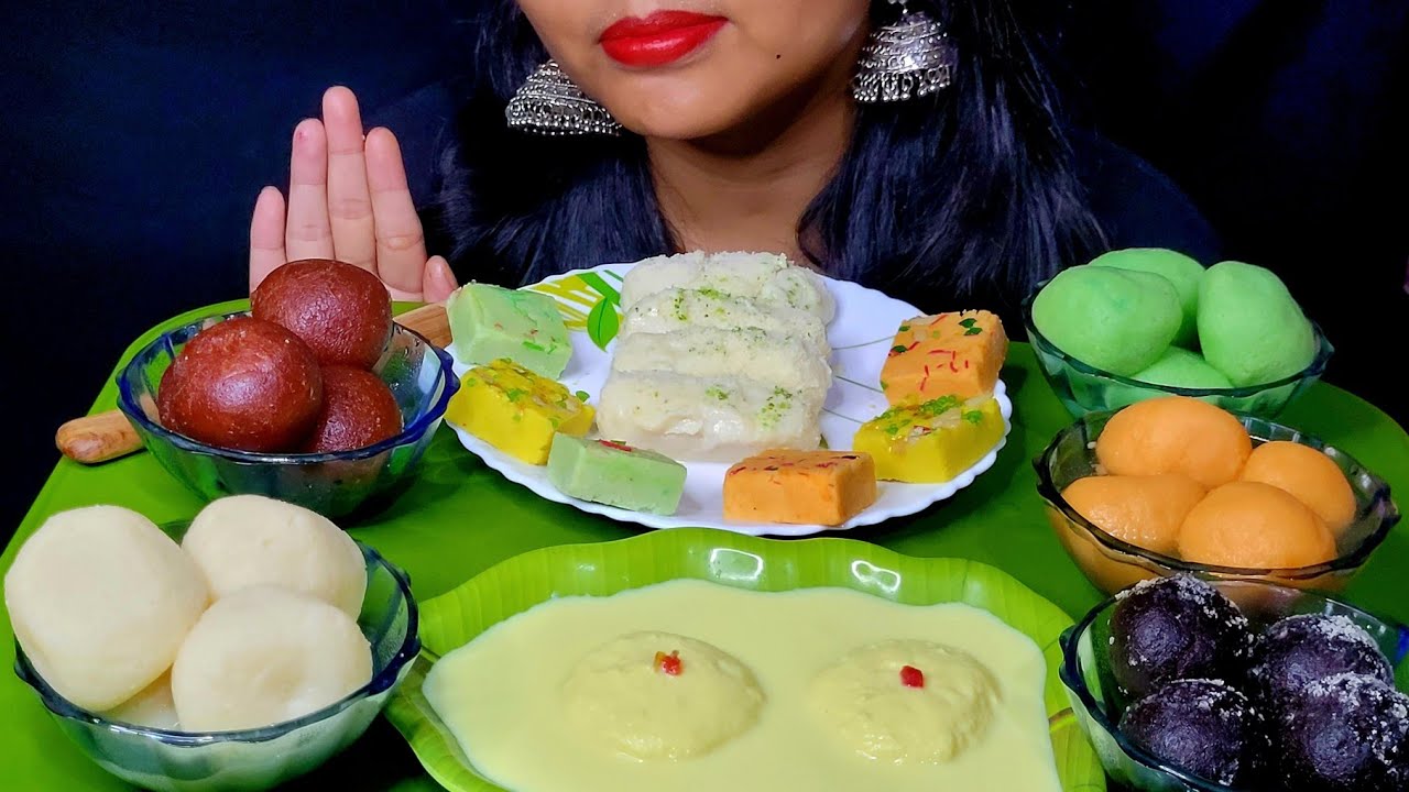 EATING INDIAN SWEETS|RASMALAI+GULAB JAMUN+RASGULLA+KALA JAMUN+BARFI ...
