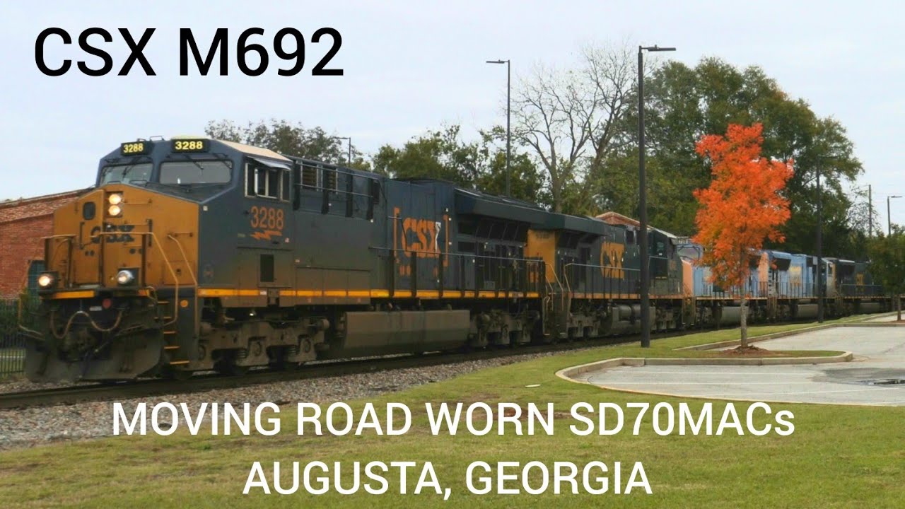 CSX M692 pulling several road-weary SD70MACs, Sibley Mill, Augusta ...