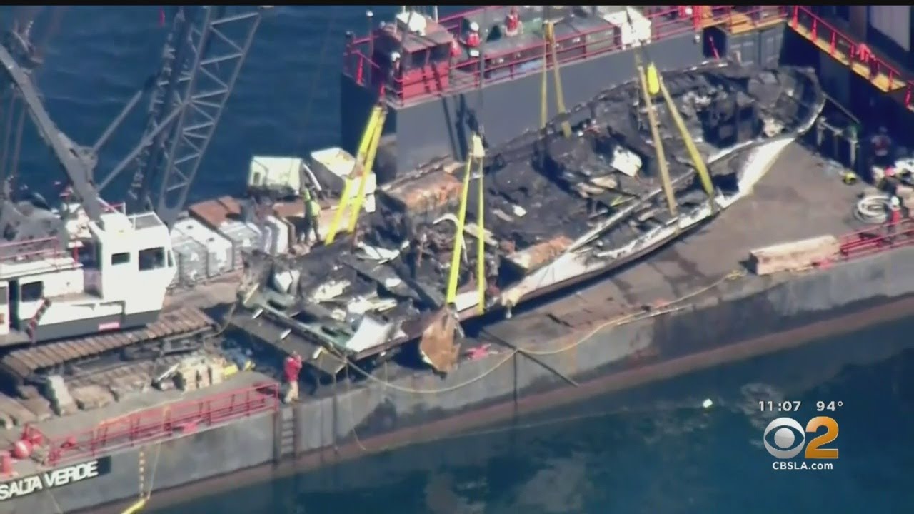 Charred Wreckage Of 'Conception' Towed To Port Hueneme Naval Base - YouTube