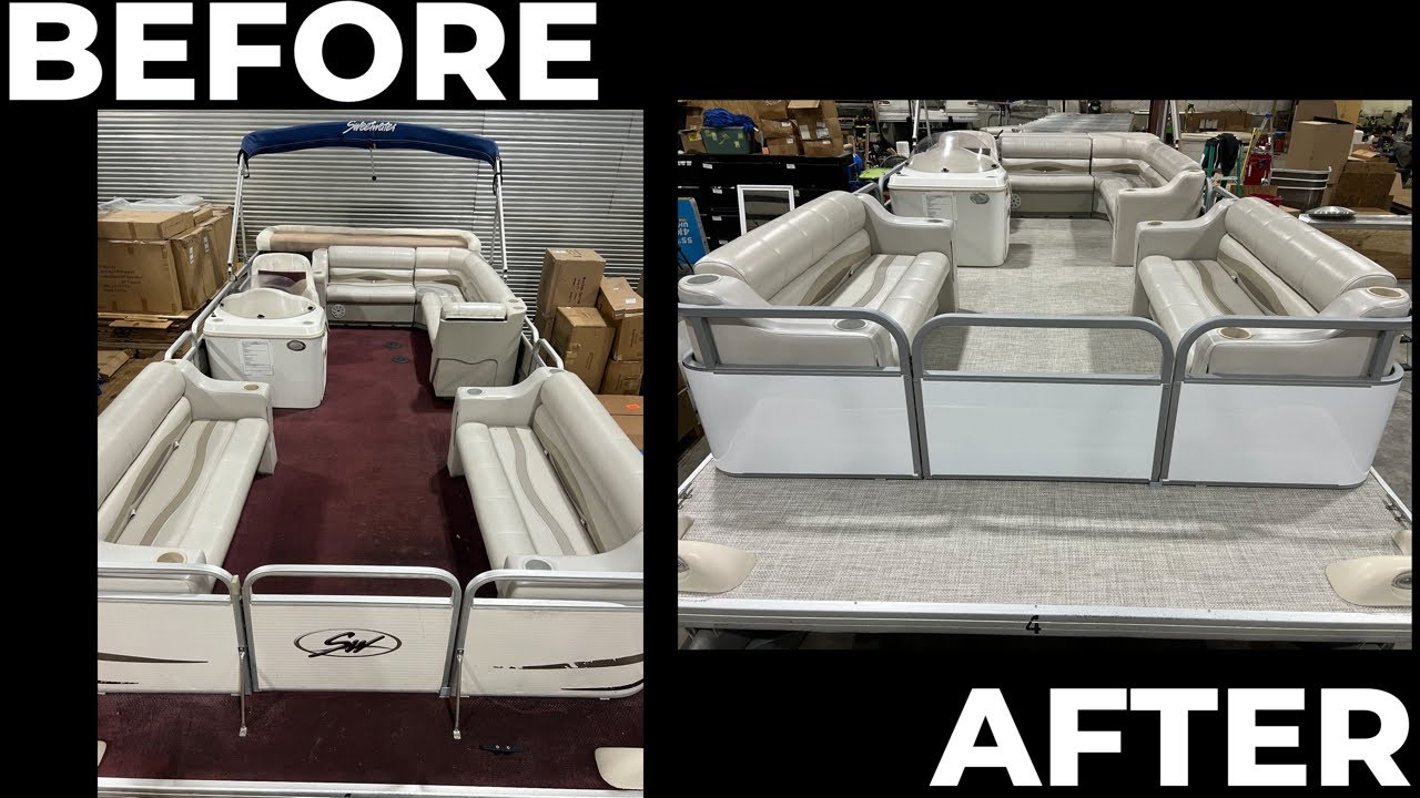 Restored Sweetwater Pontoon Boat - New Woven Vinyl Flooring - YouTube