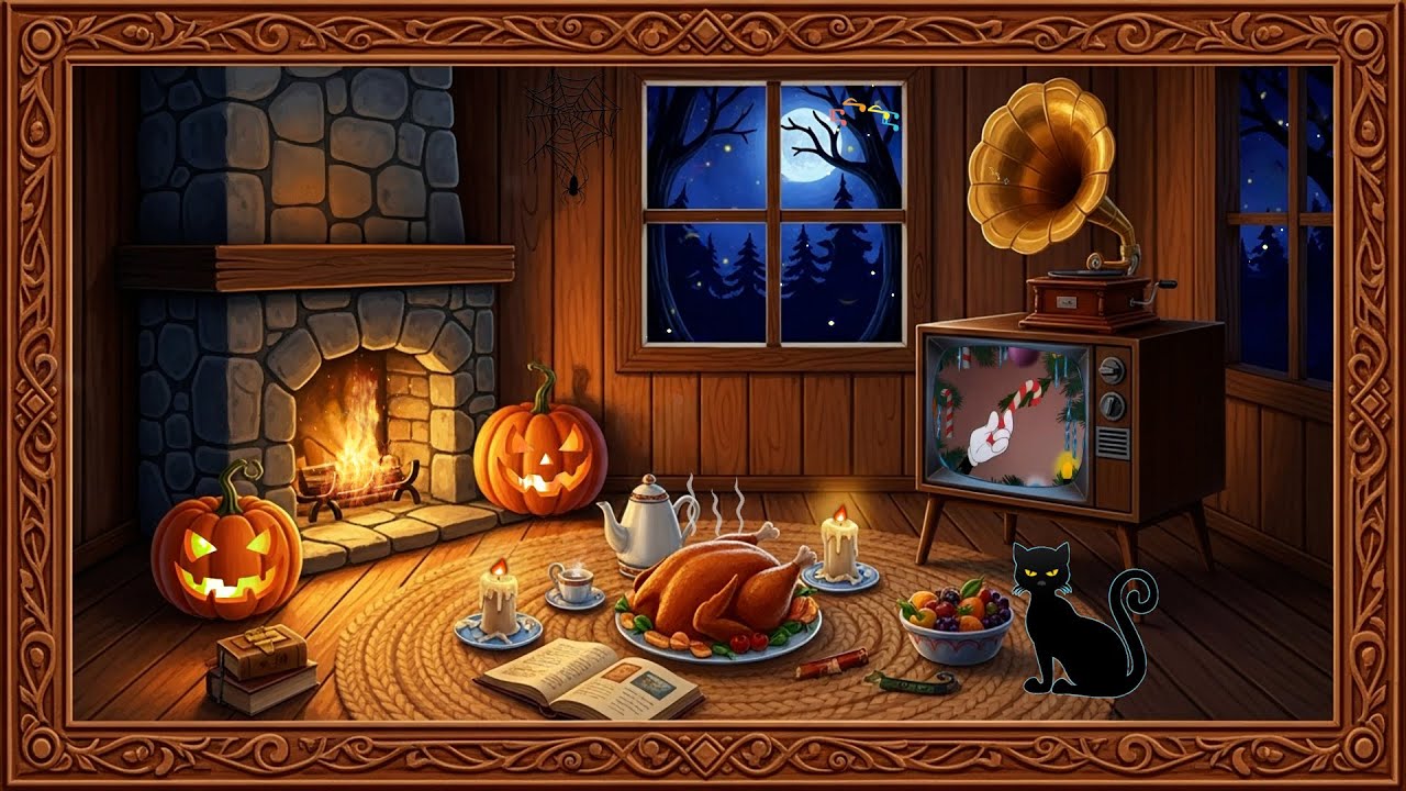 Spooky Cozy Night 🎃 Oldies Ambience in a Vintage Room (Fireplace ...