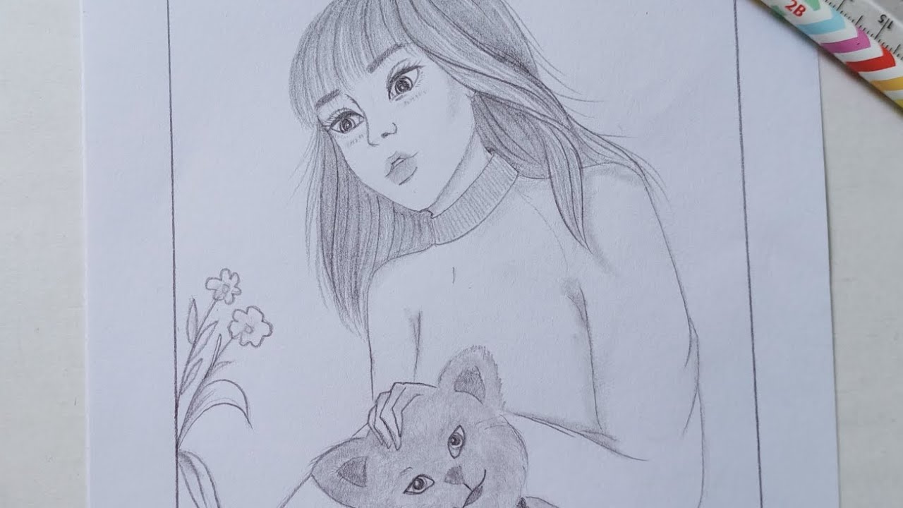 How to draw a girl with CAT(😺cute cat) || Easy drawing ️ ️ - YouTube