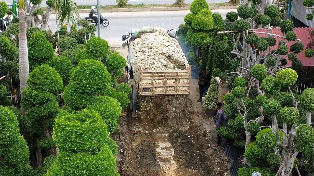 Amazing dump truck unloading stone making foundation new road in ...