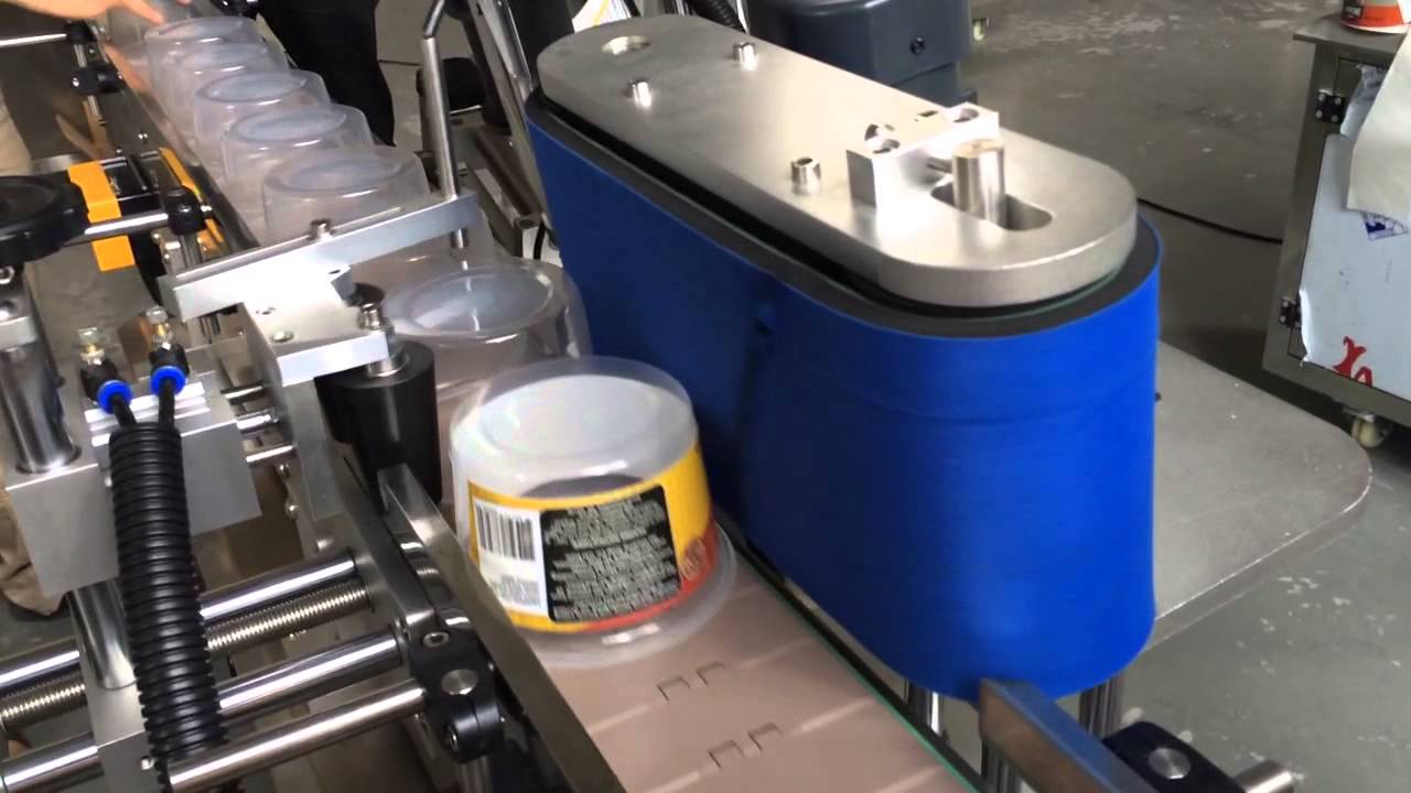 automatic taper cup adhesive sticker labeling machine - YouTube