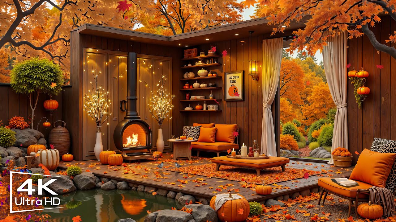 Soft October Fall Morning Ambience 🍁 Piano Music & Fireplace Crackling ...