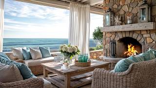 Peaceful Beach House Patio 🌊🔥 | Fireplace & Gentle Ocean Sounds for Deep Relaxation