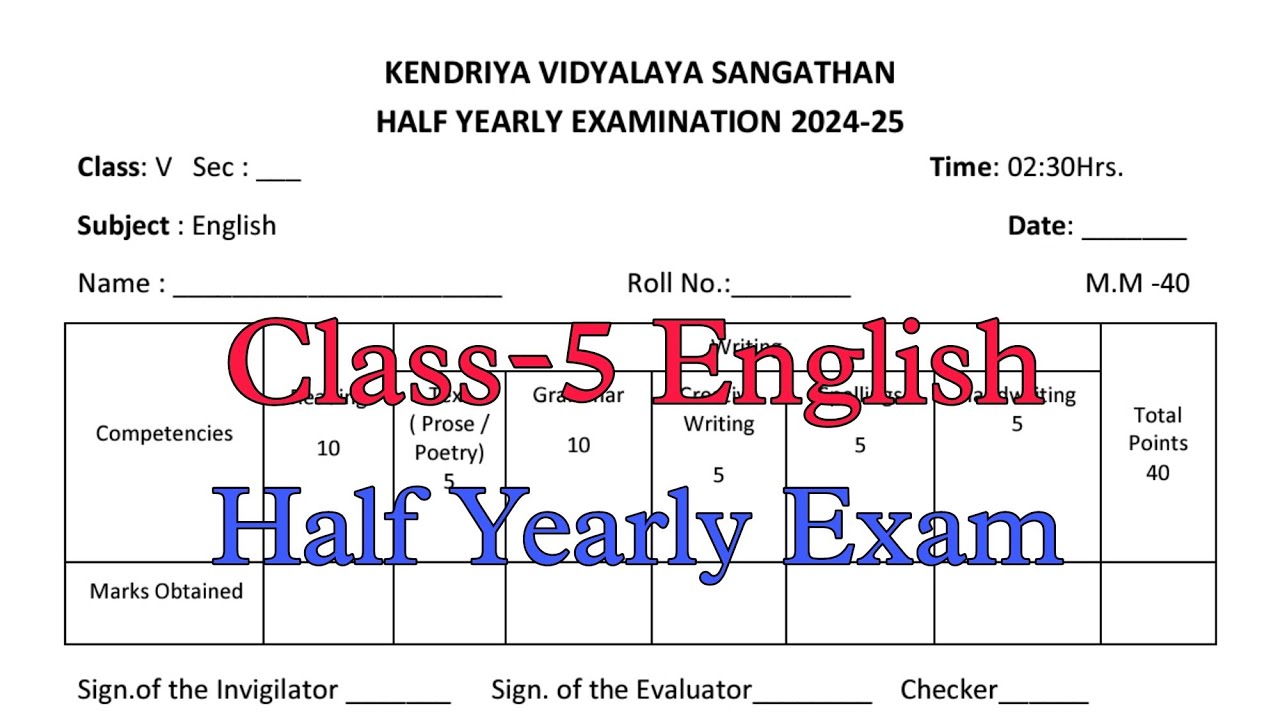 Class-5 English Half Yearly Exam Question Paper / Term-1 Session 2024 ...